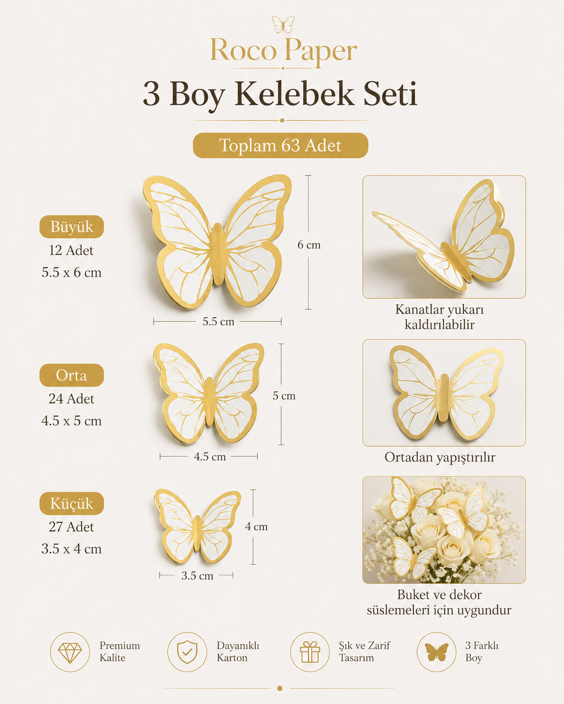 Roco Paper | Kelebek Pasta ve Balon Zinciri Süsü 63 Adet 4-6 Cm Gold ...